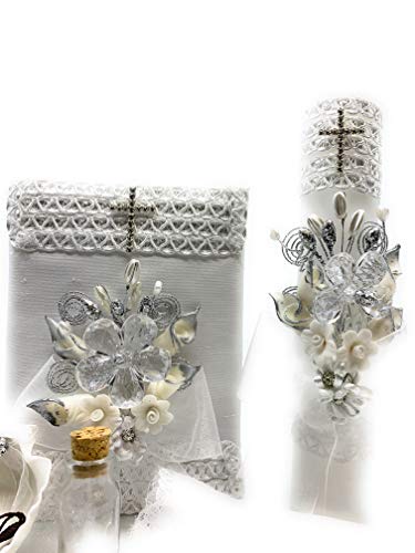 Baptism Candle Set with Flowers and Crystal Decoration