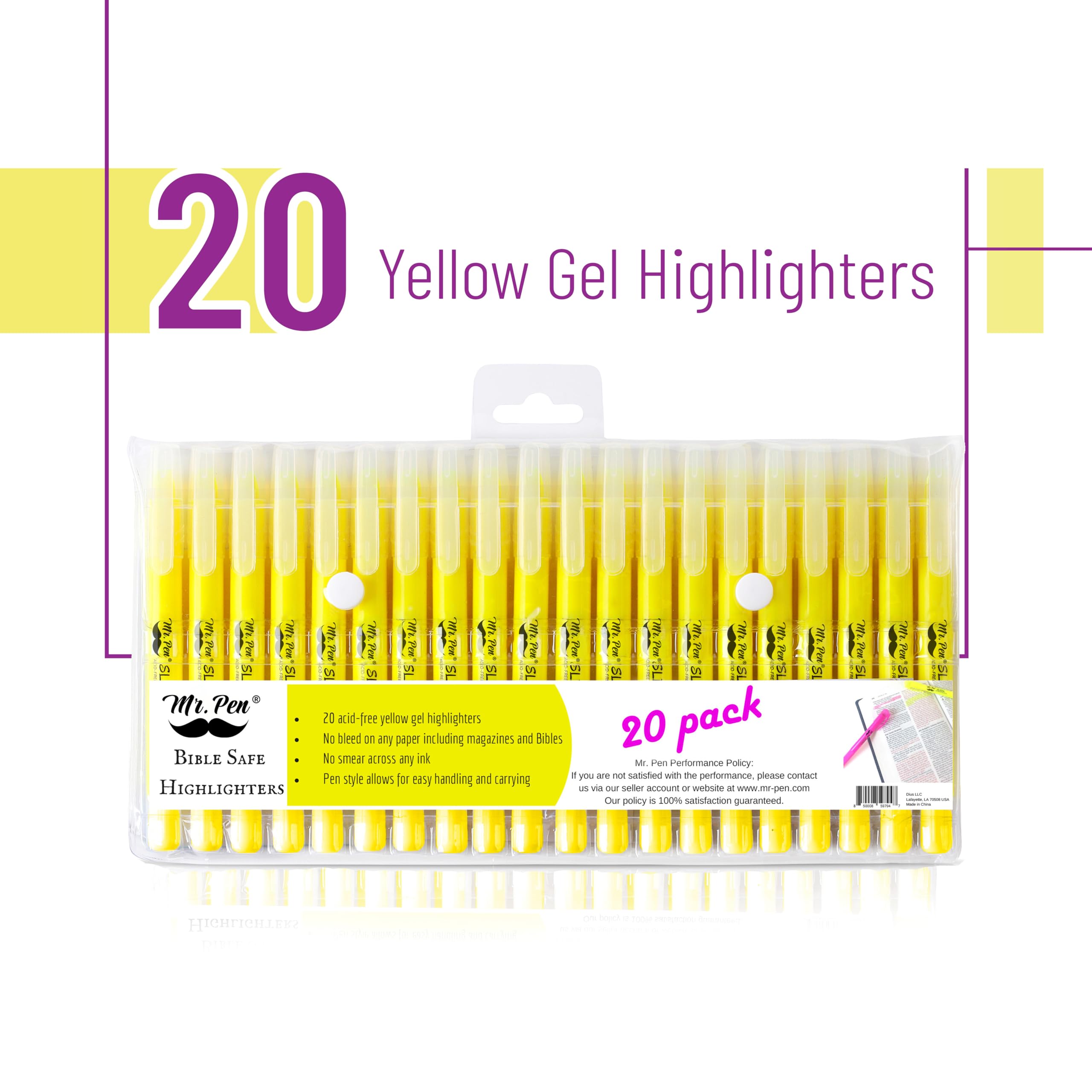Mr. Pen- Gel Highlighters, Bible Highlighter, Pack of 20, No Bleed Highlighter, Yellow Highlighters, Dry Highlighter, Bible Study Highlighter, Bible Journaling Supplies, Bible Markers for Tabs