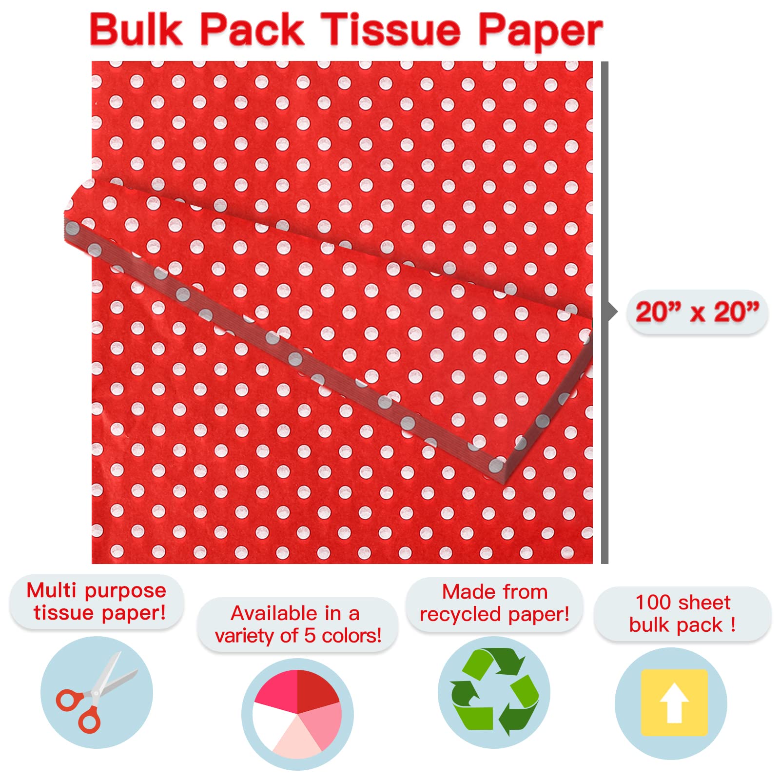 Packanewly Gift Wrap Tissue Paper for Valentine's Day - 100 Sheets Bulk Wrapping Paper Decorative Art for Gift Wrap, Flower, Pom Pom - 20x20 inch (Red, Pink, Stripe, Dot)