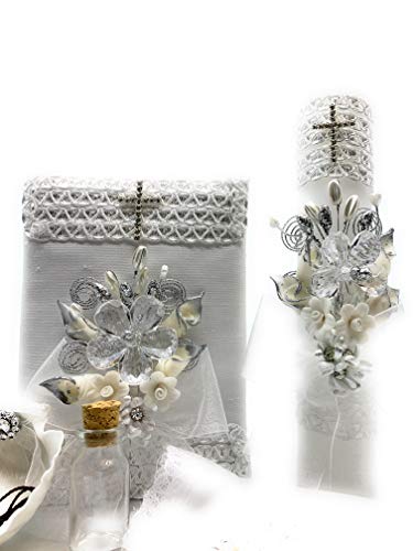 Baptism Candle Set with Flowers and Crystal Decoration
