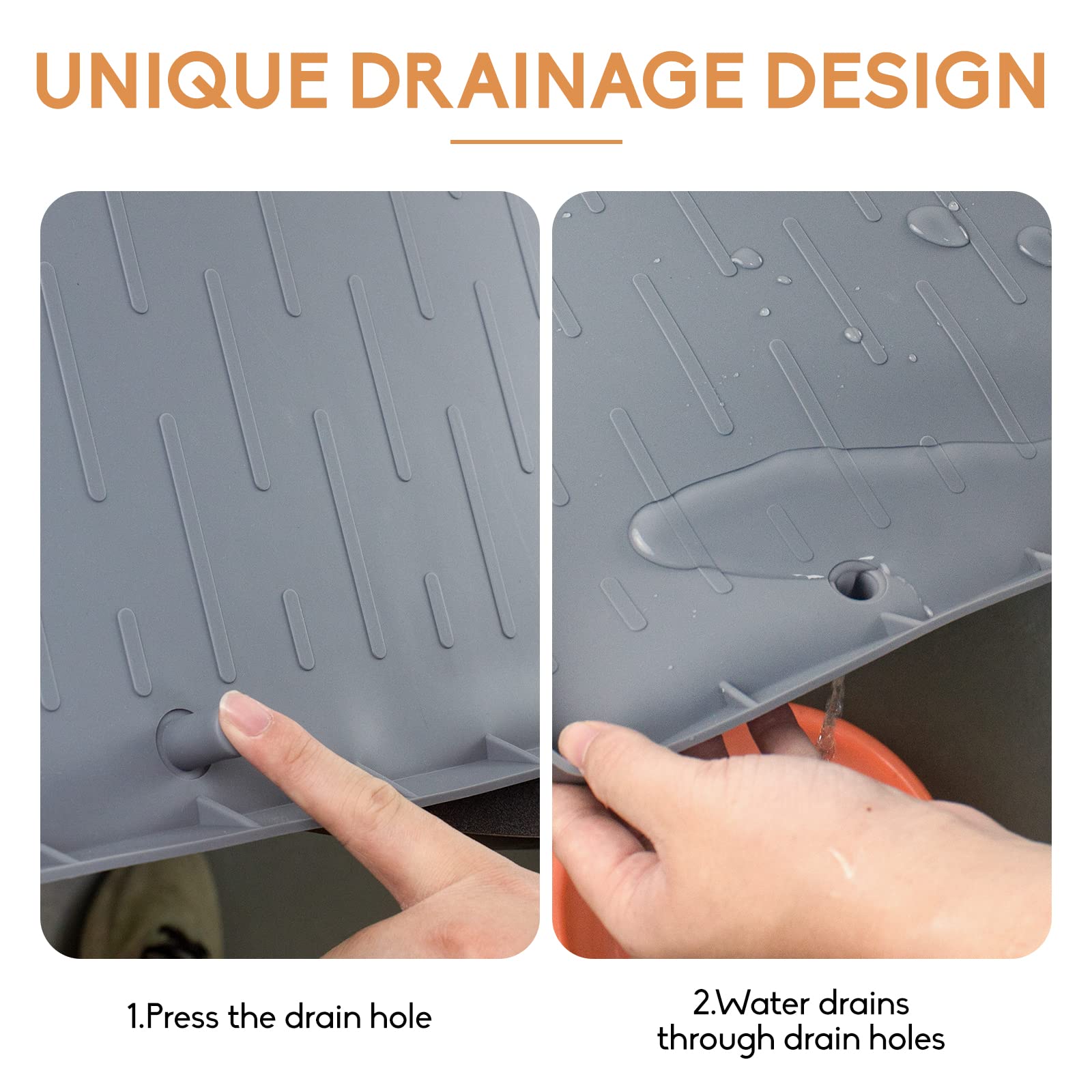 CNDSE Under Sink Mats for Kitchen Waterproof,Under Kitchen Sink Mat with Drain Holes,Thickened Non-slip Silicone Under Sink Mat ,Under Sink Liner for Kitchen and Bathroom Sink Cabinets 34''x22'', Grey