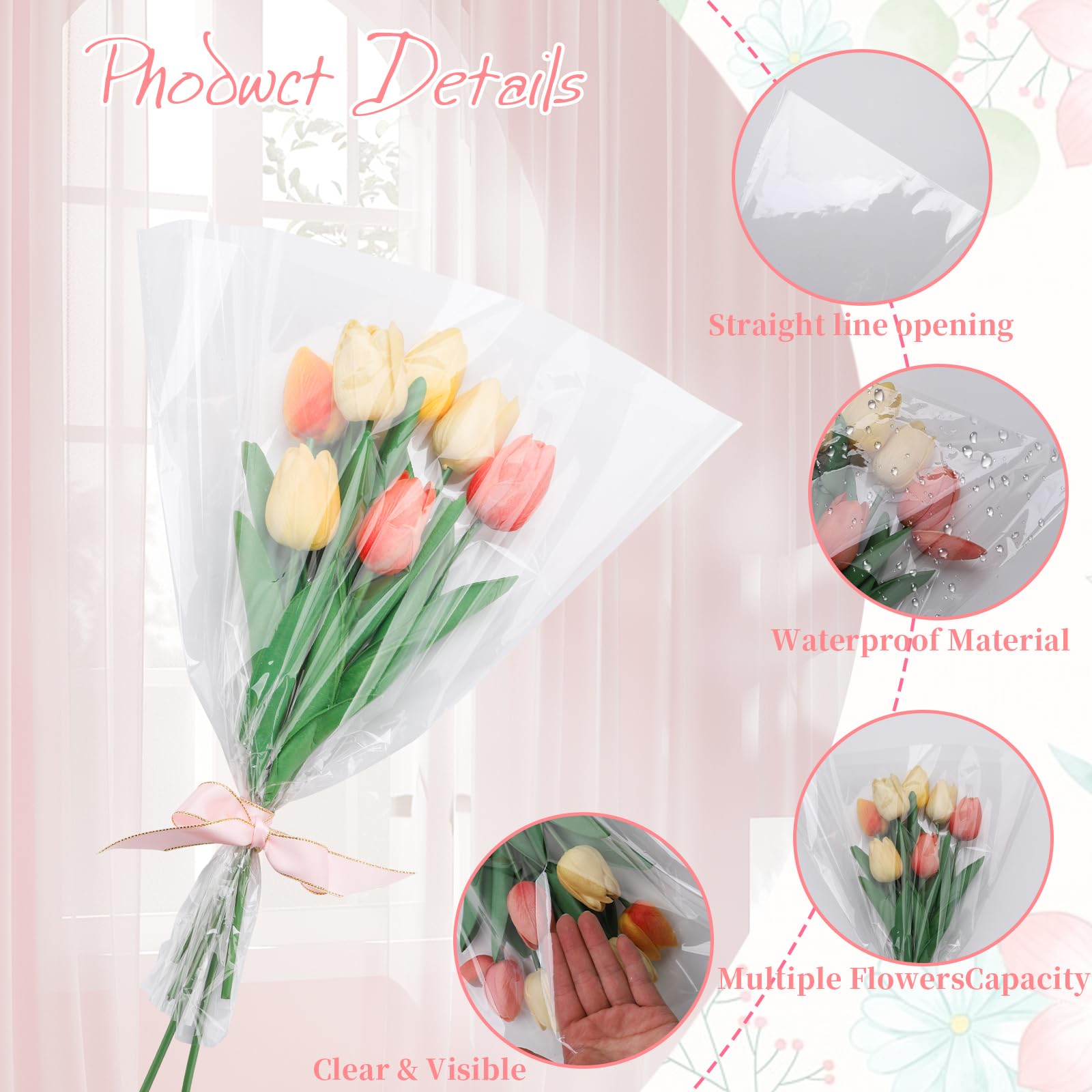100 Pcs flower packaging transparent bag,flowers bouquet sleeve transparent cellophane Suitable for flower shop, shopping mall flower packaging