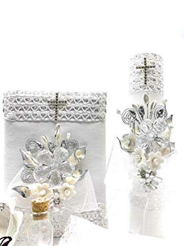 Baptism Candle Set with Flowers and Crystal Decoration