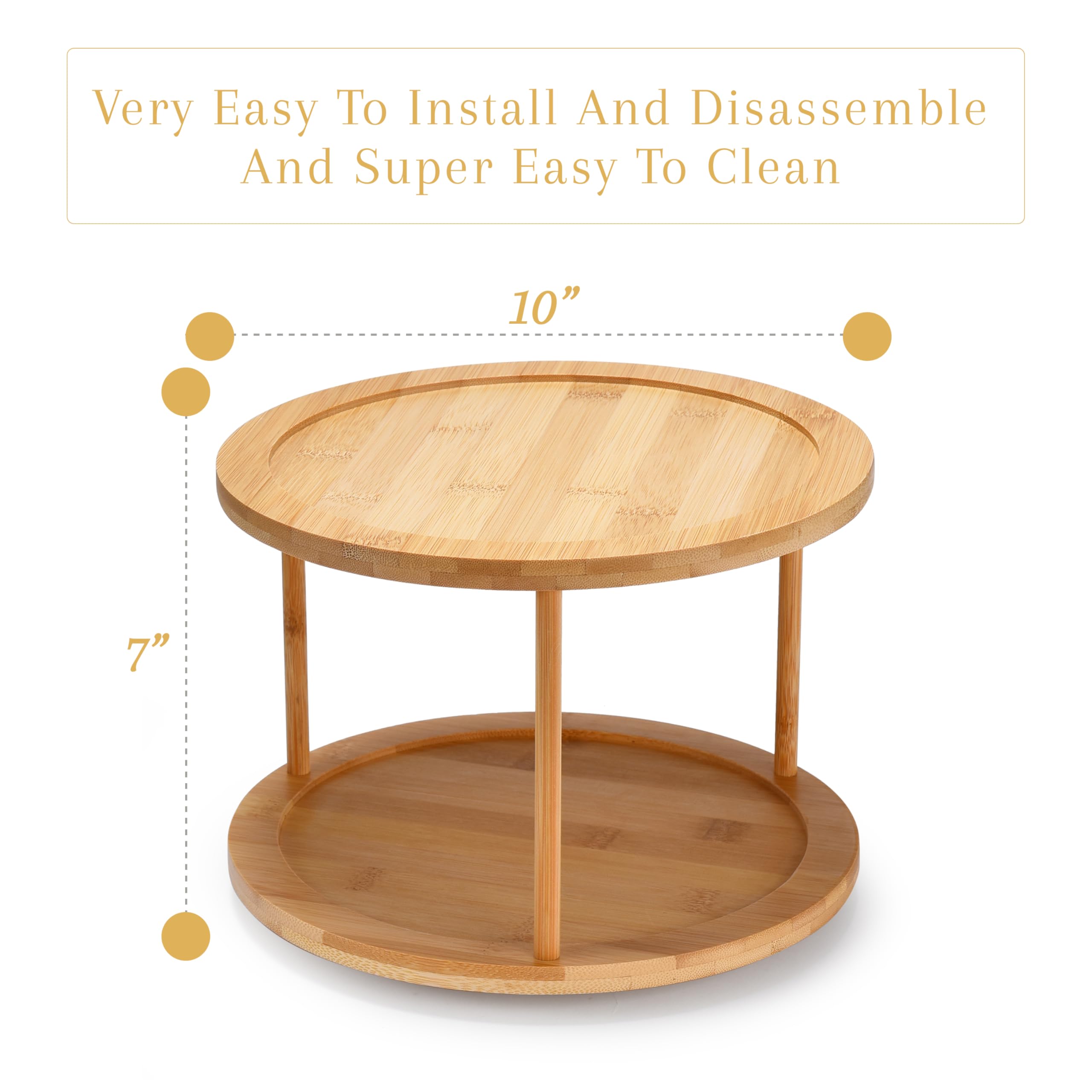 Bamboo Turntable Lazy Susan Rotating Spice Rack - 2 Tier Rotating Spice Rack, Lazy Susan Rotating for Kitchen, Spice Carousel for Cabinets and Pantry - Wooden 2 Tier Lazy Susan Rotating Turntable