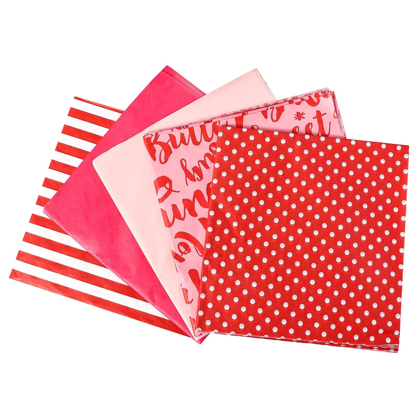 Packanewly Gift Wrap Tissue Paper for Valentine's Day - 100 Sheets Bulk Wrapping Paper Decorative Art for Gift Wrap, Flower, Pom Pom - 20x20 inch (Red, Pink, Stripe, Dot)