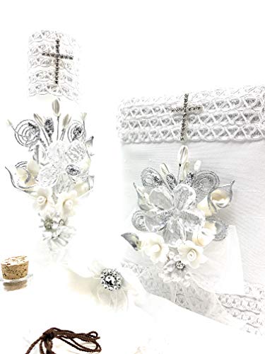 Baptism Candle Set with Flowers and Crystal Decoration