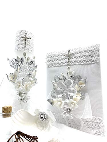 Baptism Candle Set with Flowers and Crystal Decoration