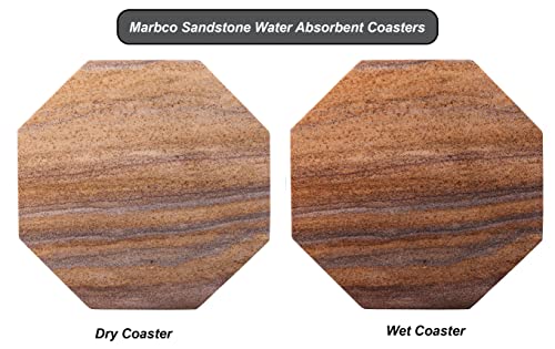 Marbco Sandstone Water Absorbent Hand Crafted Octagon Coasters for Drinks- Set of 6 - 4 inches Wide Thirsty Stone bar/Drink Coasters Made from Real Solid Stone (Without Holder, Set of 6)