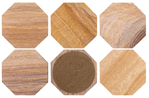 Marbco Sandstone Water Absorbent Hand Crafted Octagon Coasters for Drinks- Set of 6 - 4 inches Wide Thirsty Stone bar/Drink Coasters Made from Real Solid Stone (Without Holder, Set of 6)