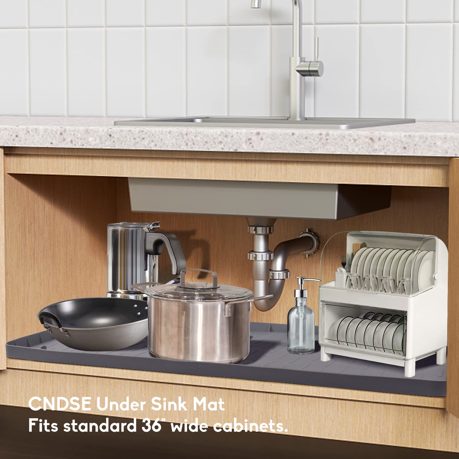 CNDSE Under Sink Mats for Kitchen Waterproof,Under Kitchen Sink Mat with Drain Holes,Thickened Non-slip Silicone Under Sink Mat ,Under Sink Liner for Kitchen and Bathroom Sink Cabinets 34''x22'', Grey