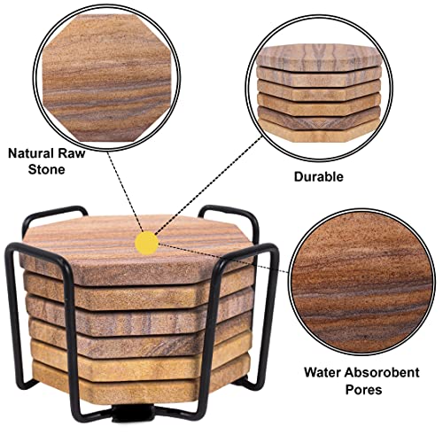Marbco Sandstone Water Absorbent Hand Crafted Octagon Coasters for Drinks- Set of 6 - 4 inches Wide Thirsty Stone bar/Drink Coasters Made from Real Solid Stone (Without Holder, Set of 6)