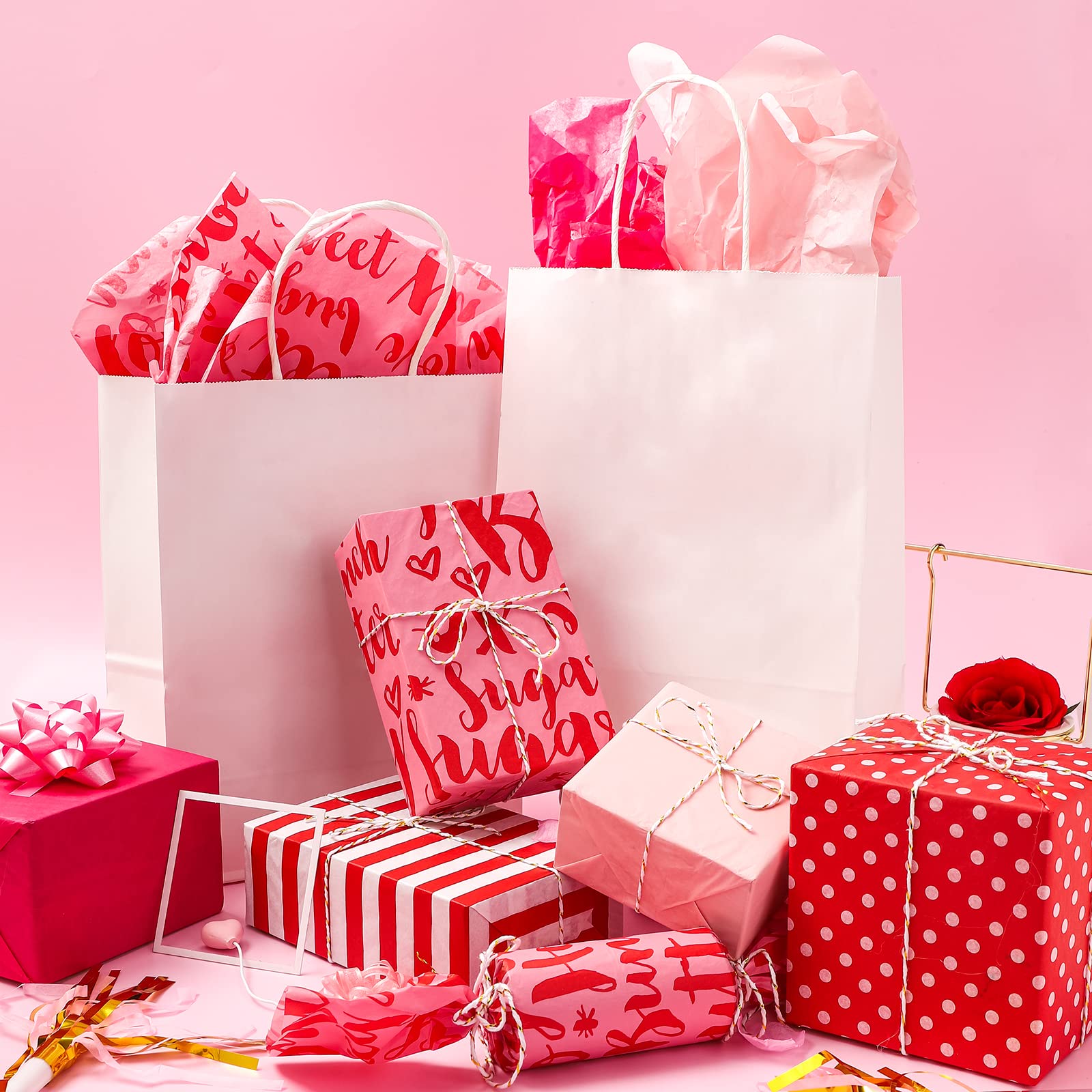Packanewly Gift Wrap Tissue Paper for Valentine's Day - 100 Sheets Bulk Wrapping Paper Decorative Art for Gift Wrap, Flower, Pom Pom - 20x20 inch (Red, Pink, Stripe, Dot)