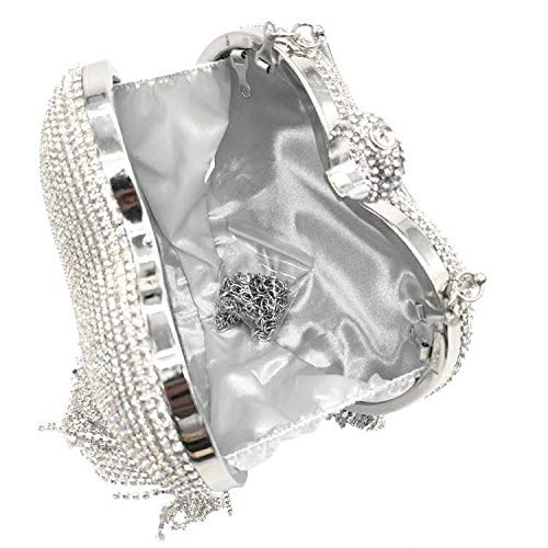 UMREN Women Luxury Heart Shape Tassel Evening Clutch Bag Rhinestones Wedding Party Purse Handbag Silver 1