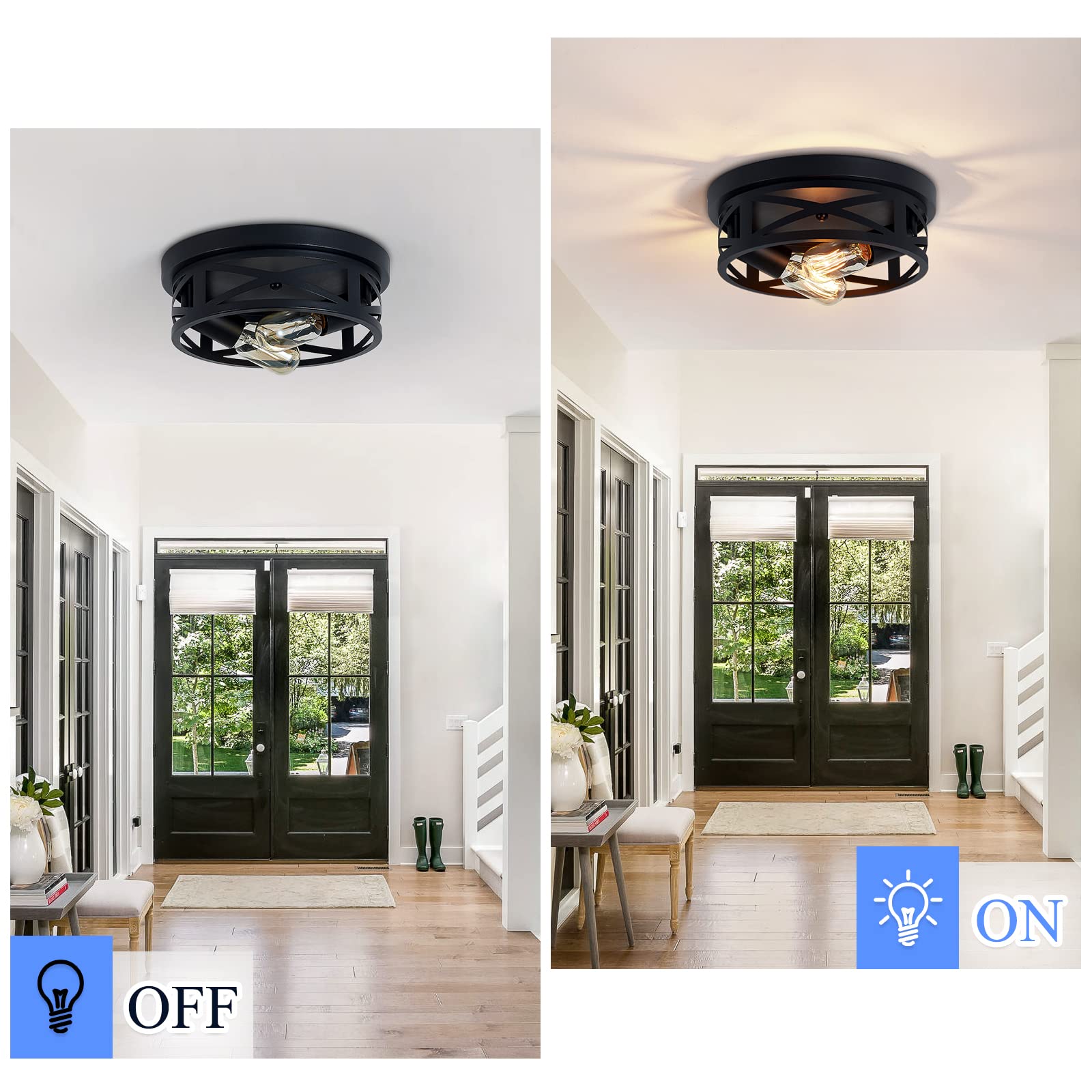 SKEJAO Flush Mount Ceiling Light Fixture,Black 2-Light Hallway Light Fixtures Ceiling,Light Fixtures Ceiling Mount for Farmhouse,Kitchen,Hall (2 Pack)