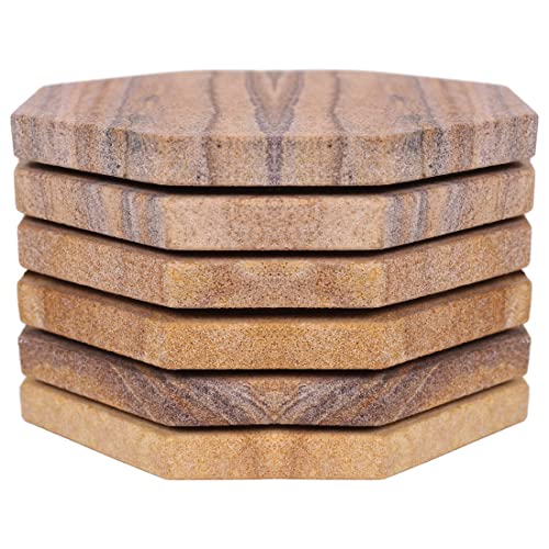 Marbco Sandstone Water Absorbent Hand Crafted Octagon Coasters for Drinks- Set of 6 - 4 inches Wide Thirsty Stone bar/Drink Coasters Made from Real Solid Stone (Without Holder, Set of 6)