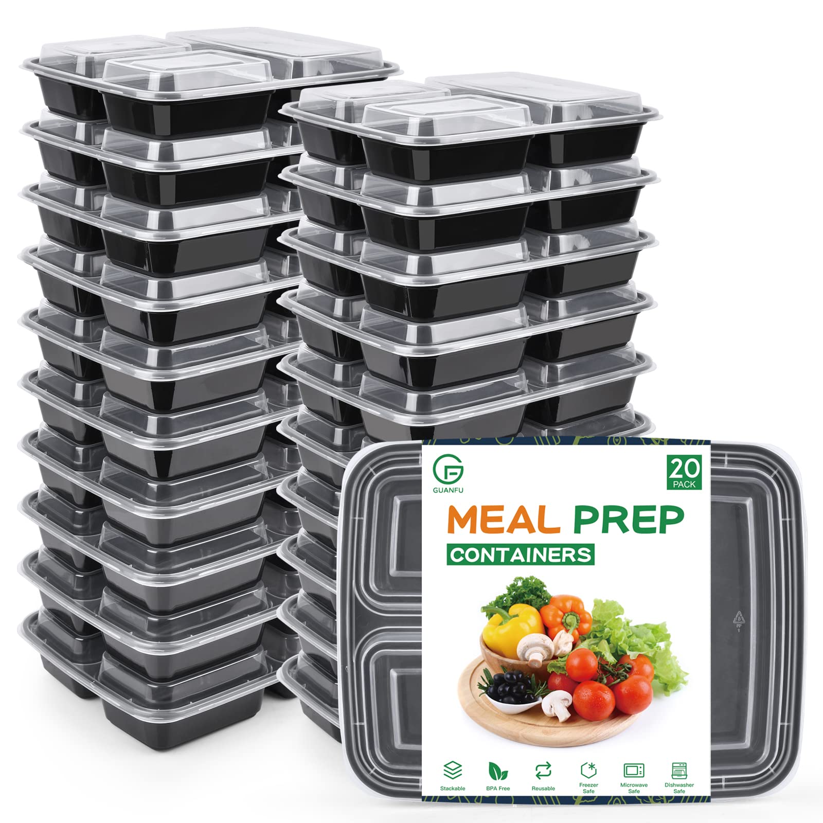GUANFU [20 Pack] 34oz Meal Prep Container 3 Compartment, Reusable BPA Free Plastic Food Prep Containers with Airtight Lids, Microwave, Freezer & Dishwasher Safe Disposable Bento Boxes
