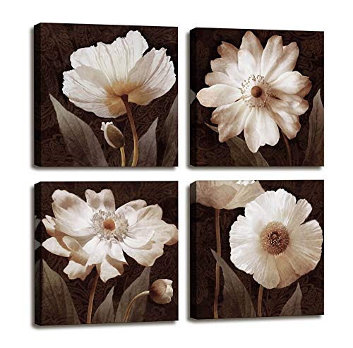 Canvas Wall Art Contemporary Simple Life White Flowers Floral Canvas Painting Pictures for Home Bedroom Decor - 4 Panels Framed Artwork Canvas Prints Brown Giclee Poster for Living Room Bathroom Decor