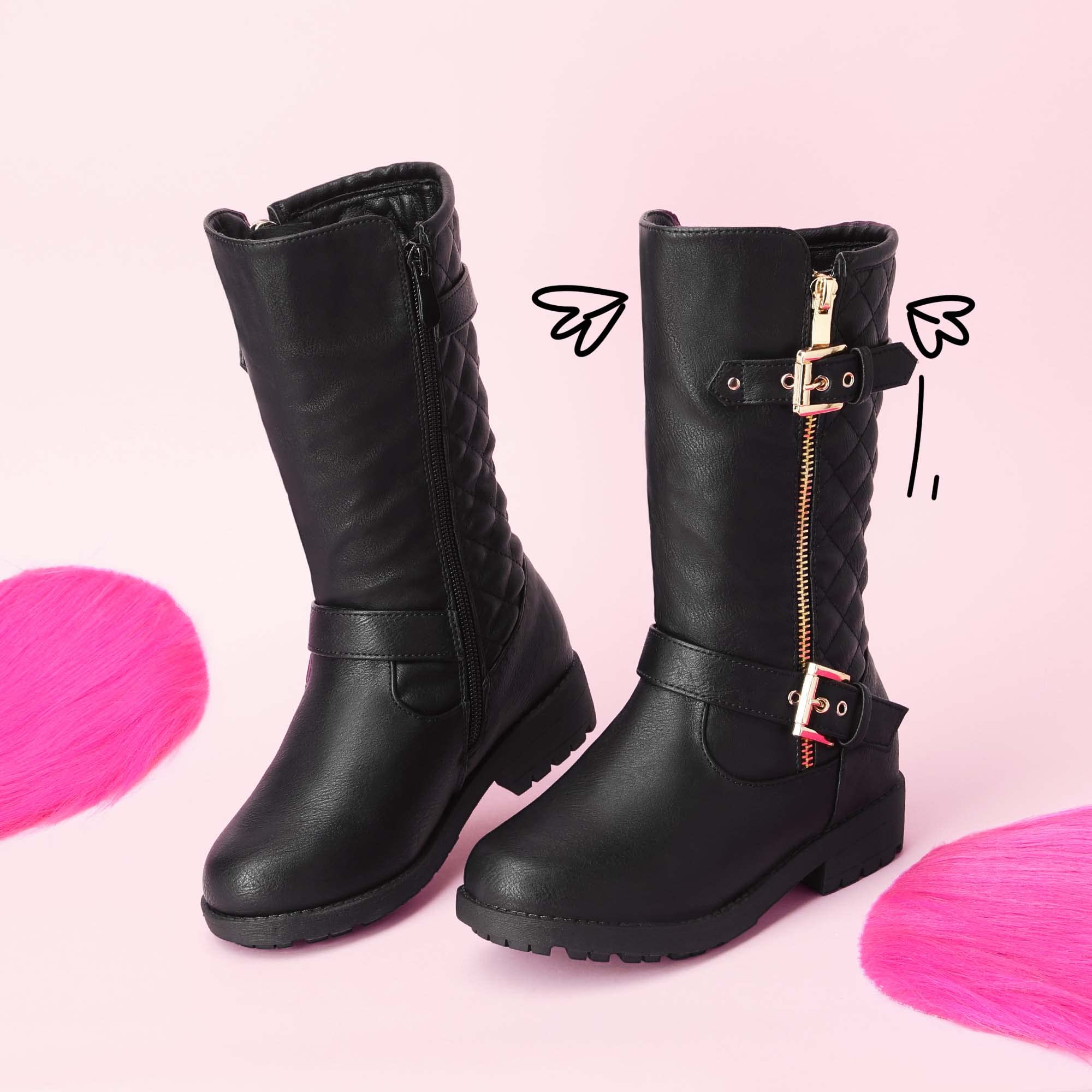 DREAM PAIRS Girls Big Kid Knice Black Knee High Winter Motorcycle Riding Boots Size 5 M US Big Kid