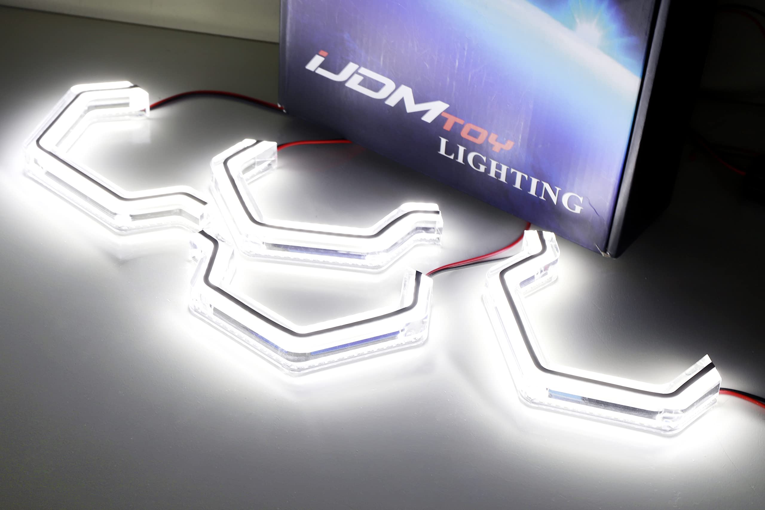 iJDMTOY 4pc Set Iconic Performance Style 7000K Xenon White Hexagon Shape LED Angel Eyes Halo Rings w/Crystal Acrylic Covers Compatible with BMW 3 Series OEM LED/Xenon Light Trims