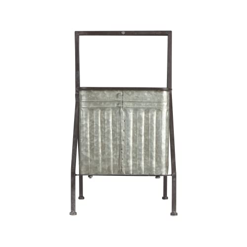 Farmhouse Galvanized Metal Storage Bucket on Stand with Handle, Distressed Silver