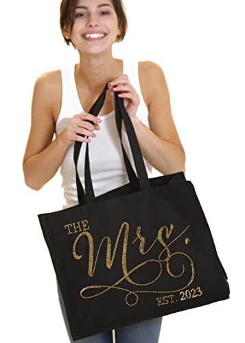 Honeymoon Gift for Bride - The Mrs. EST 2023 Black Gold Rhinestud Canvas Tote Bag - Gift for the Bride, Bridal Shower Tote(Mod 2023 GLD) BLK