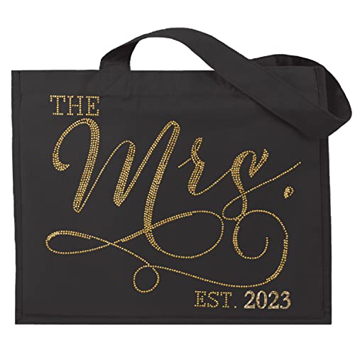 Honeymoon Gift for Bride - The Mrs. EST 2023 Black Gold Rhinestud Canvas Tote Bag - Gift for the Bride, Bridal Shower Tote(Mod 2023 GLD) BLK