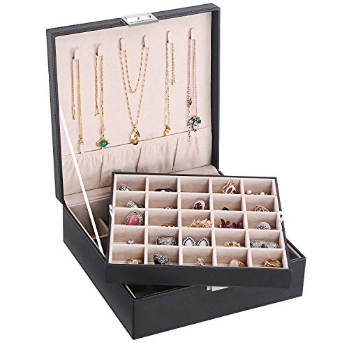 BEWISHOME Earring Organizer Holder for Cufflinks, Rings, Pendants, Chain - 50 Slots Case, 6 Necklace Hook, 2 Stackable Trays - Elegant Jewelry Storage Box for Girls Women, Black Faux Leather SSH11B