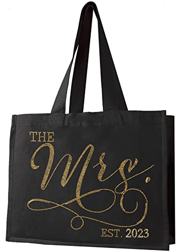 Honeymoon Gift for Bride - The Mrs. EST 2023 Black Gold Rhinestud Canvas Tote Bag - Gift for the Bride, Bridal Shower Tote(Mod 2023 GLD) BLK