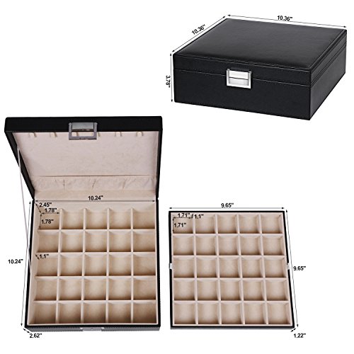 BEWISHOME Earring Organizer Holder for Cufflinks, Rings, Pendants, Chain - 50 Slots Case, 6 Necklace Hook, 2 Stackable Trays - Elegant Jewelry Storage Box for Girls Women, Black Faux Leather SSH11B