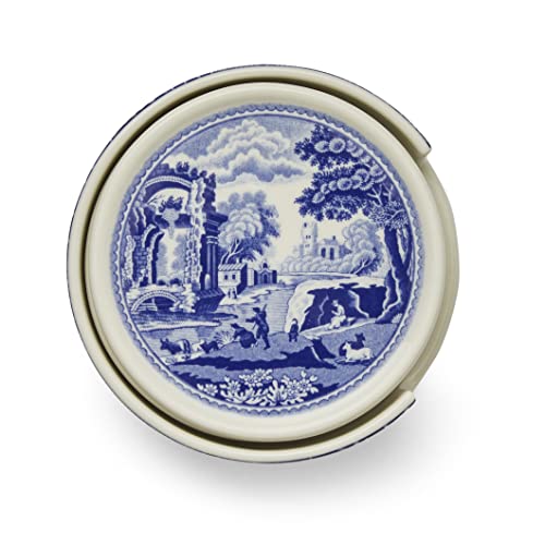 Spode Blue Italian Coasters for Drinks | Set of 4 | Ceramic Coasters and Holder | Tabletop Protection | Housewarming or Birthday Gift | Round (Blue/White)
