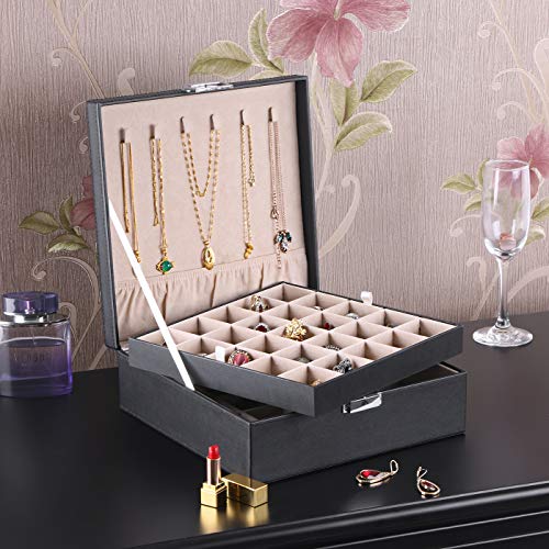 BEWISHOME Earring Organizer Holder for Cufflinks, Rings, Pendants, Chain - 50 Slots Case, 6 Necklace Hook, 2 Stackable Trays - Elegant Jewelry Storage Box for Girls Women, Black Faux Leather SSH11B