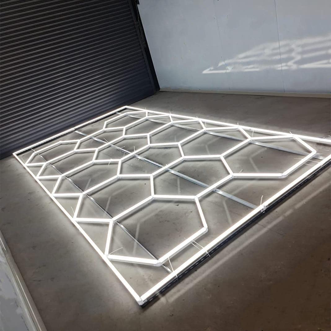 Car Detailing Led Garage Light,15 Hexagonal Grid Systems Led Shop Lights for Garage/Workshop with White Border, 6500K IP54 AC100-240V(191 “x96”)