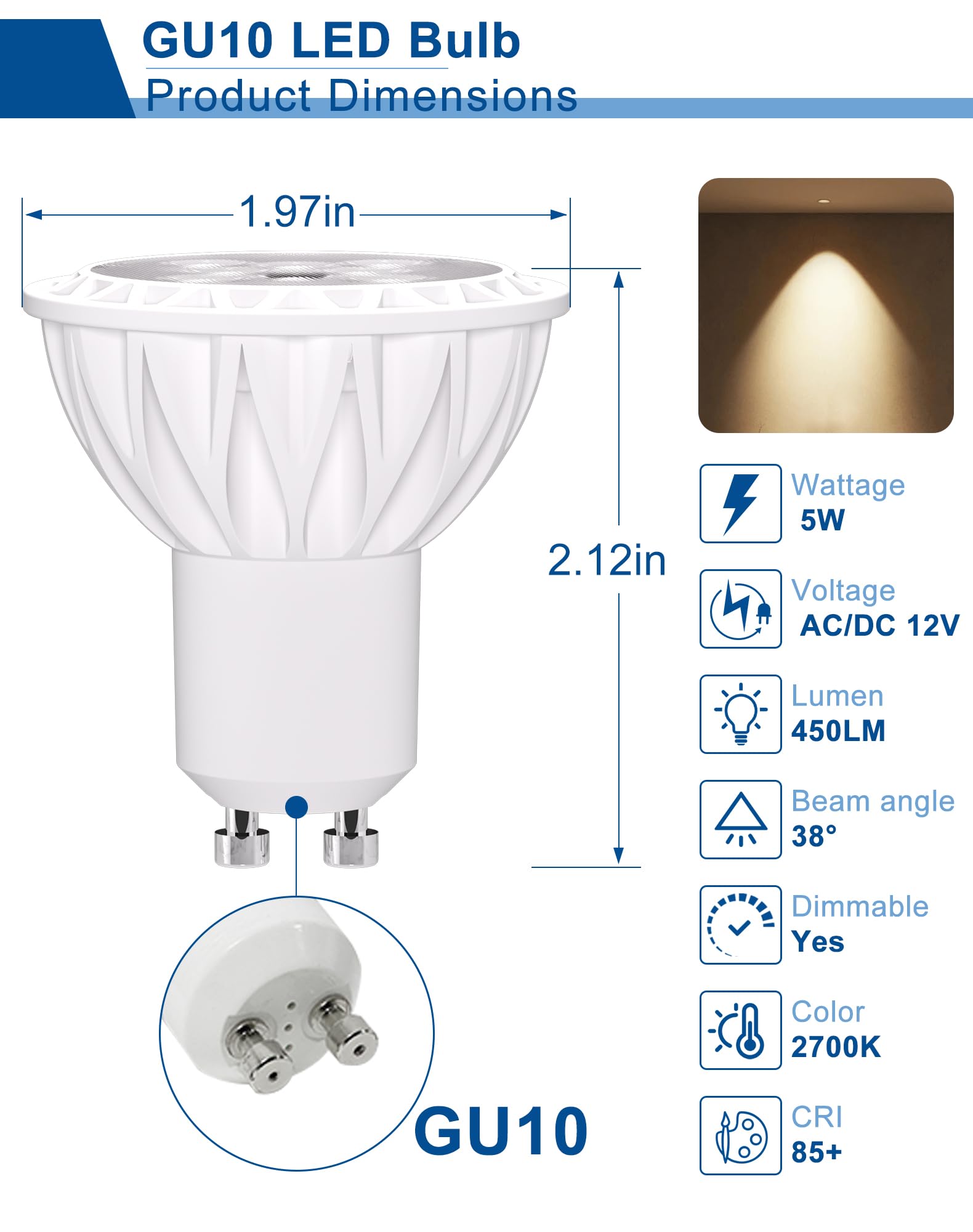 GOHDLAMP GU10 LED Bulbs Dimmable, 5W 50 Watt Equivalent LED Bulb, 2700K Warm White 450 Lumen GU10 Bulb Standard Base, LED Bulb Replacement for Track Light Bulbs, 38° Beam Pack of 6