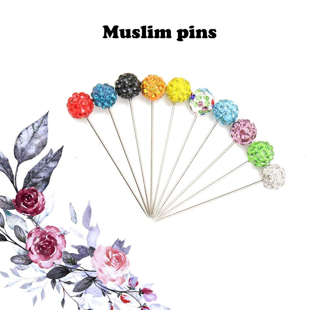 KOOBOOK 30Pcs/Set Muslim Hijab Scarf Pin Rhinestone Ball Pendant Pins Brooch Straight Head Pin For Women