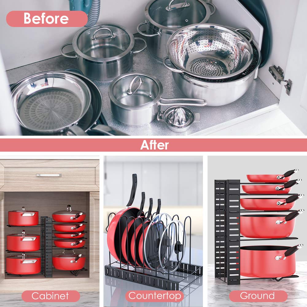 8 Tiers Pan Organizer Rack for Cabinet and 11 Expandable Pan or Lid Organizer Bundle