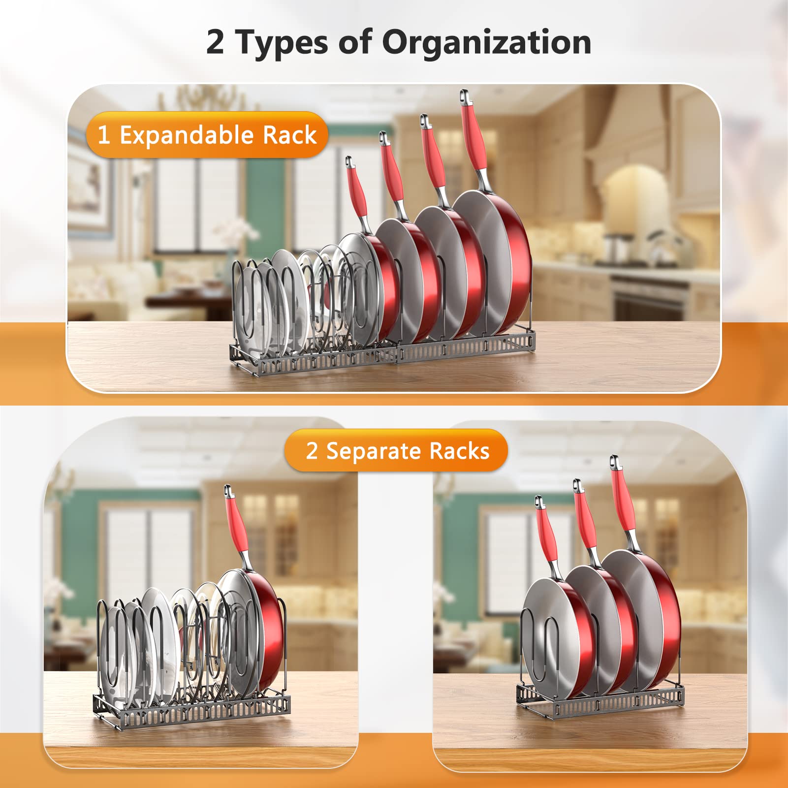 8 Tiers Pan Organizer Rack for Cabinet and 11 Expandable Pan or Lid Organizer Bundle