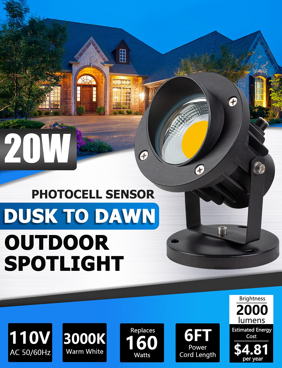 SUNVIE 20W Spot Lights Outdoor with Photocell Sensor, Dusk to Dawn LED Landscape Spotlights, Waterproof 120V 2000LM 3000K Landscape Lighting for Yard Flag Tree Garden 6 FT US 3-Plug in Cord, 2 Pack