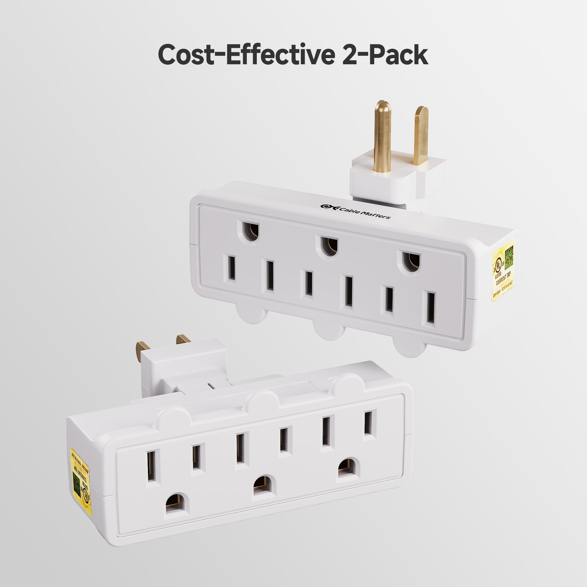 [UL Listed] Cable Matters 2-Pack 3 Outlet Grounded 180 Degree Swivel Wall Tap in White (Swivel Outlet, 3 Plug Outlet Adapter, Multi Plug Outlet, Outlet Extender)