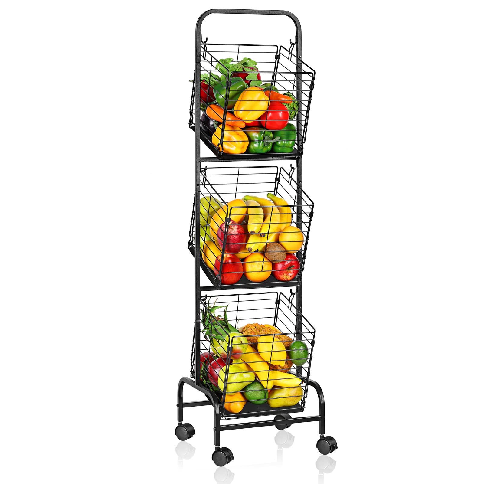 OYEAL 3 Tier Fruit Basket Tiered Market Basket Storage Stand for Kitchen Metal Wire Fruit and Vegetable Storage Basket Food Storage Chart with 4 Wheels