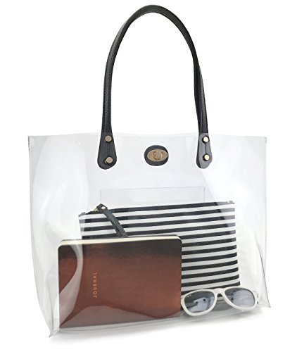 PVC Clear Womens Tote With Striped Zipper Clutch Weekender Shoulder Handbag (Black&White Stripes) Medium