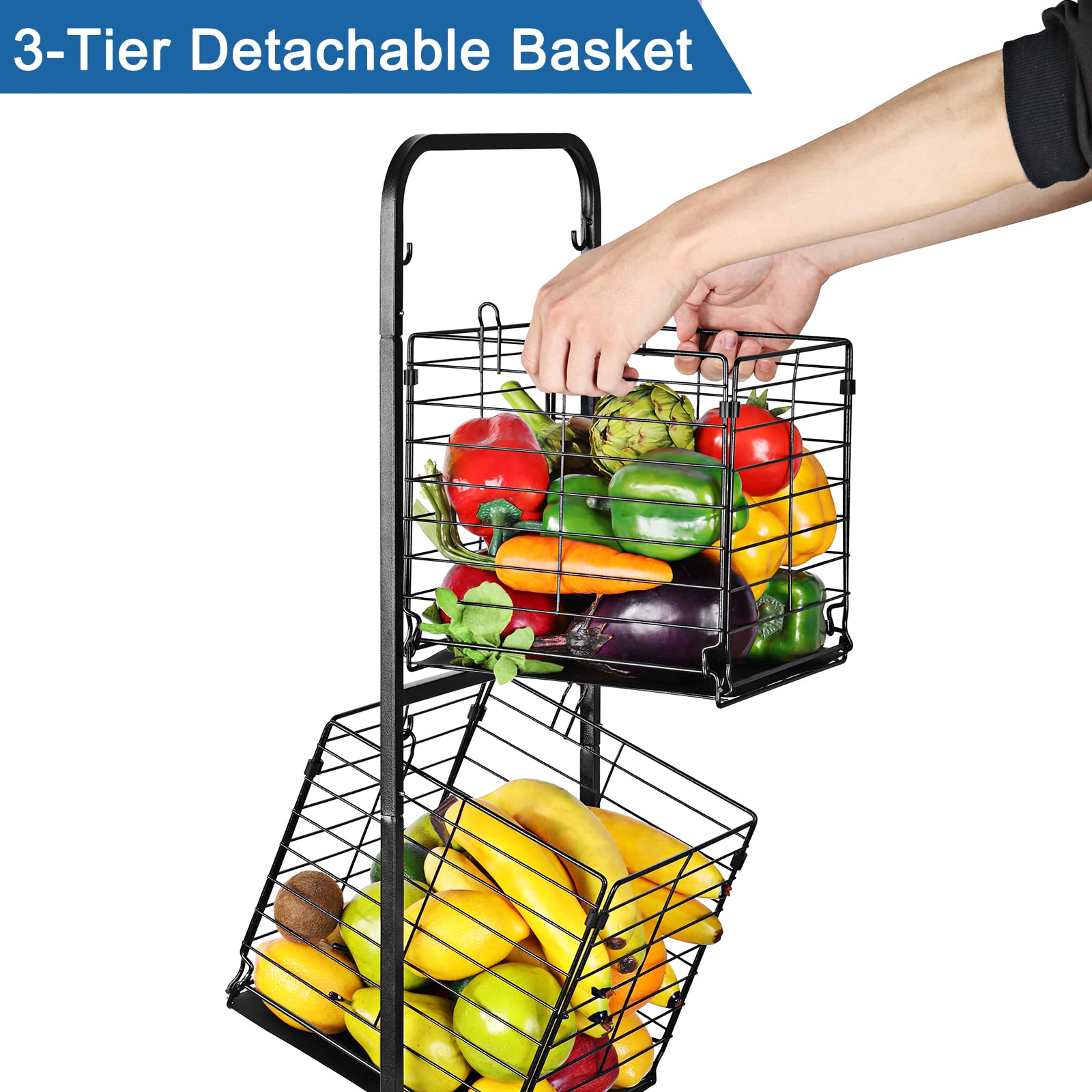 OYEAL 3 Tier Fruit Basket Tiered Market Basket Storage Stand for Kitchen Metal Wire Fruit and Vegetable Storage Basket Food Storage Chart with 4 Wheels