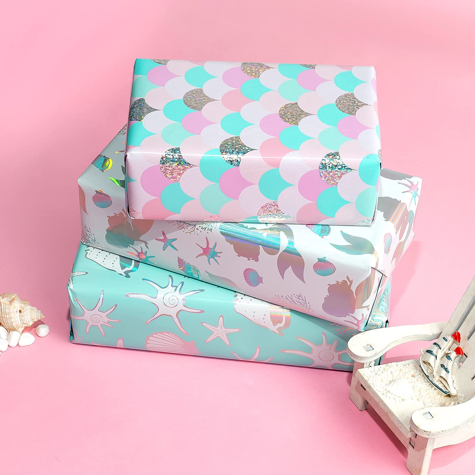 WRAPAHOLIC Wrapping Paper Roll - Mermaid Scale and Jellyfish Design with Colorful Foil for Birthday, Holiday, Baby Shower - 4 Rolls - 30 inch X 120 inch Per Roll