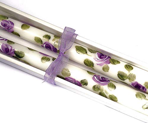 Decorative Dripless Romantic Hand Painted Purple Flower Lavender Rose Taper Candles Set in a Gift Box