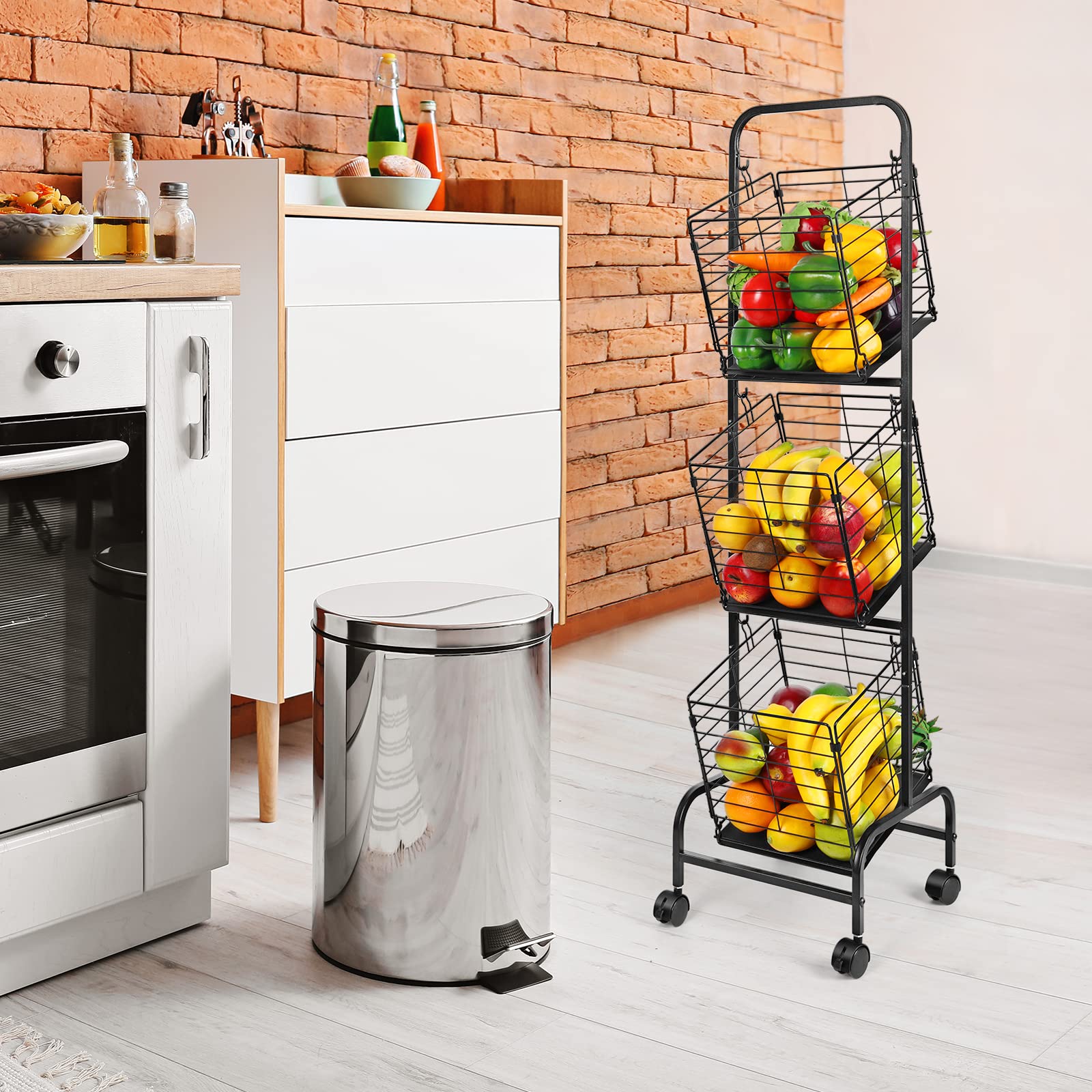 OYEAL 3 Tier Fruit Basket Tiered Market Basket Storage Stand for Kitchen Metal Wire Fruit and Vegetable Storage Basket Food Storage Chart with 4 Wheels