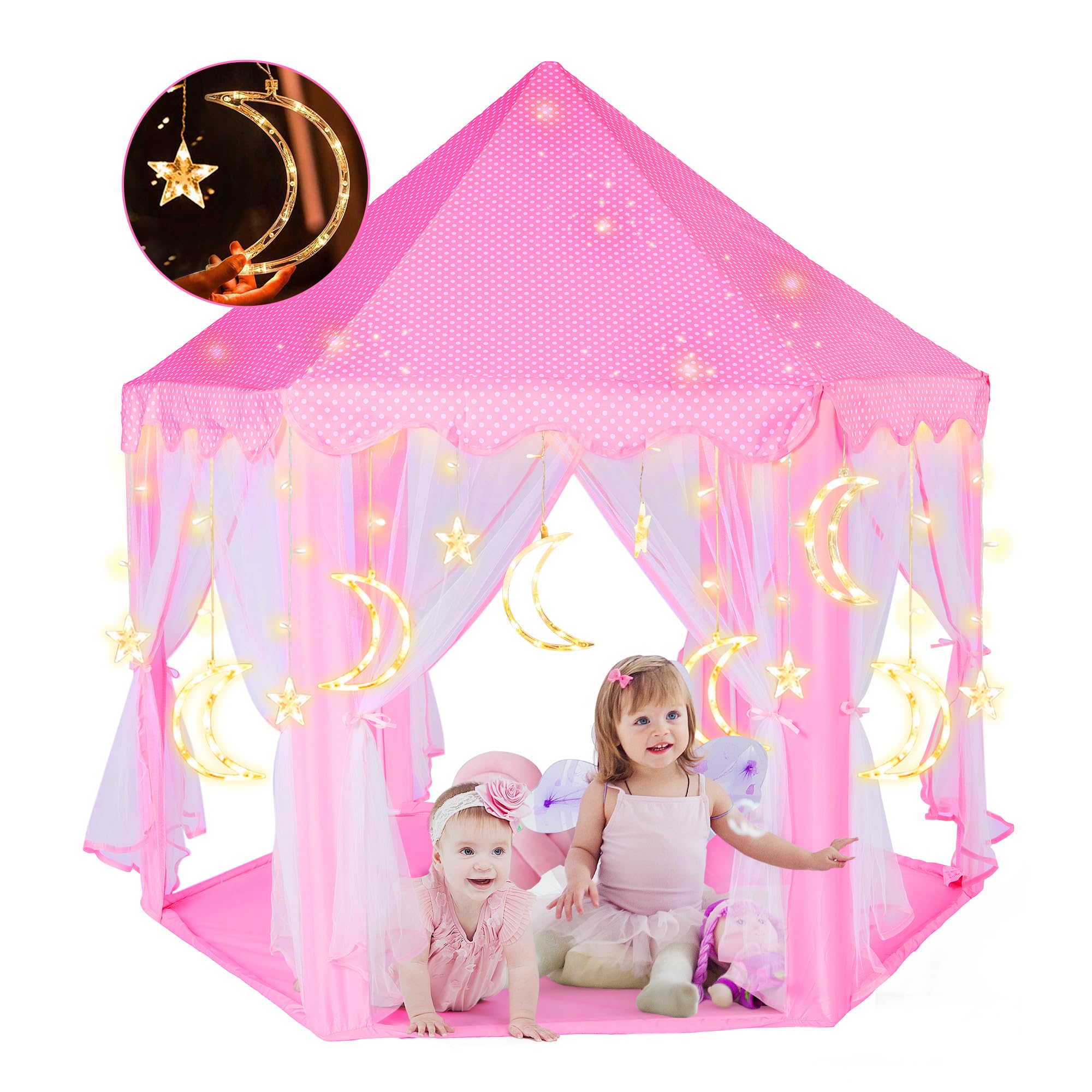 LOJETON Princess Castle Play Tent with Big Moon Star String Lights for Girls, Large Hexagon Playhouse, Kids Dream Tent Toy for Children Indoor Outdoor Games, 55" x 53" (Pink)