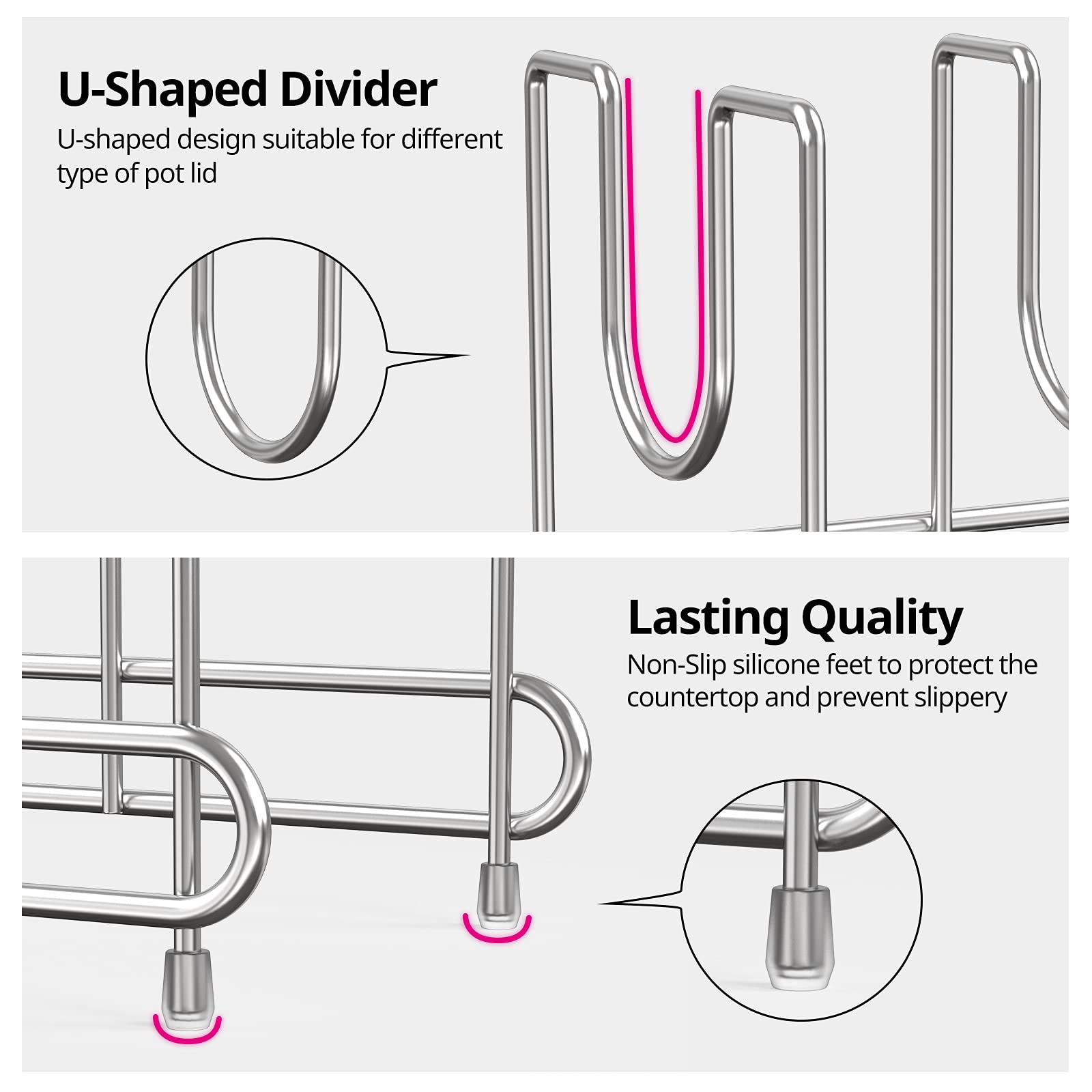 2 Pack Pot Lid Holder, Kitchen Pot Lid Rack Holder Organizer, Pan and Pot Lid Organizer Rack for Pots & Pans, Lids, Plates, Cutting Boards, Bakeware, Cooling Rack, Serving Trays, Silver