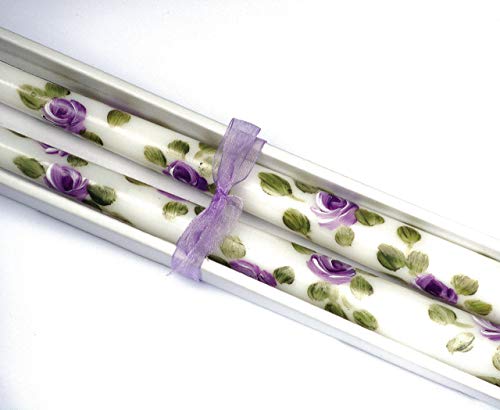 Decorative Dripless Romantic Hand Painted Purple Flower Lavender Rose Taper Candles Set in a Gift Box