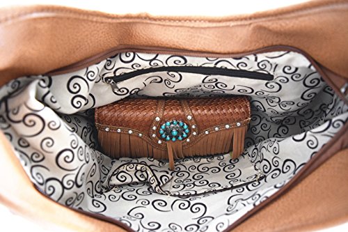 Western Style Fringe Conchos Leather Concealed Carry Purse Country Handbag Women Shoulder Bag Wallet Set (Brown)