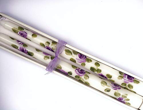 Decorative Dripless Romantic Hand Painted Purple Flower Lavender Rose Taper Candles Set in a Gift Box