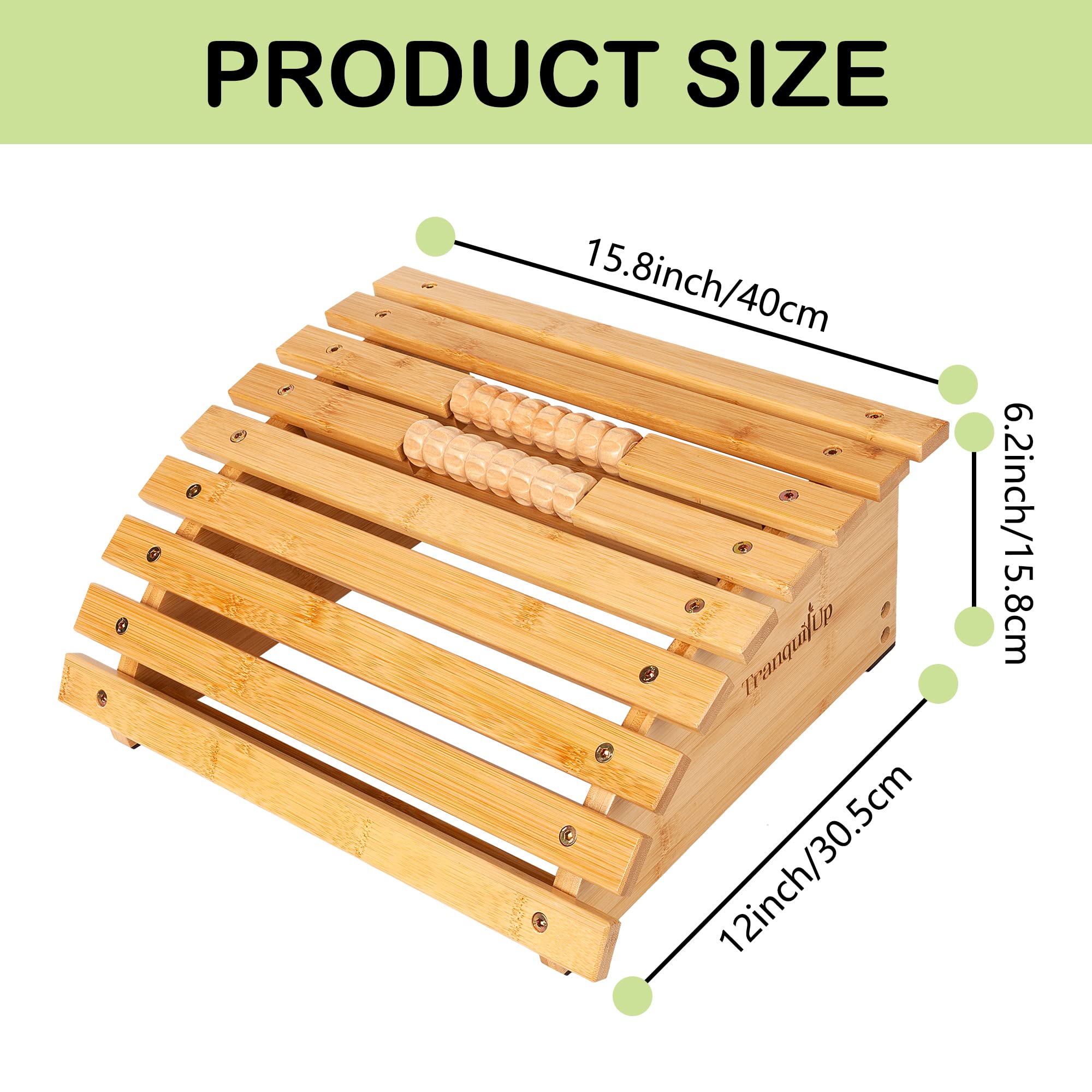 TranquilUp Bamboo Footrest under Desk, Foot Massager - Wide Surface - Anti-slip Bottom - Ergonomic - Barefoot Friendly - Suitable for Office, Home, Washroom, Help Improve Posture - Pain Relief